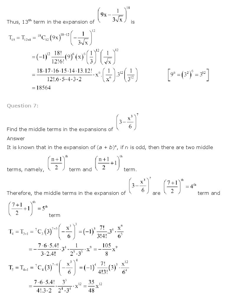 Binomial Theorem Class 11 Mathematics NCERT Solutions Binomial Theorem Class 11 Mathematics NCERT Solutions